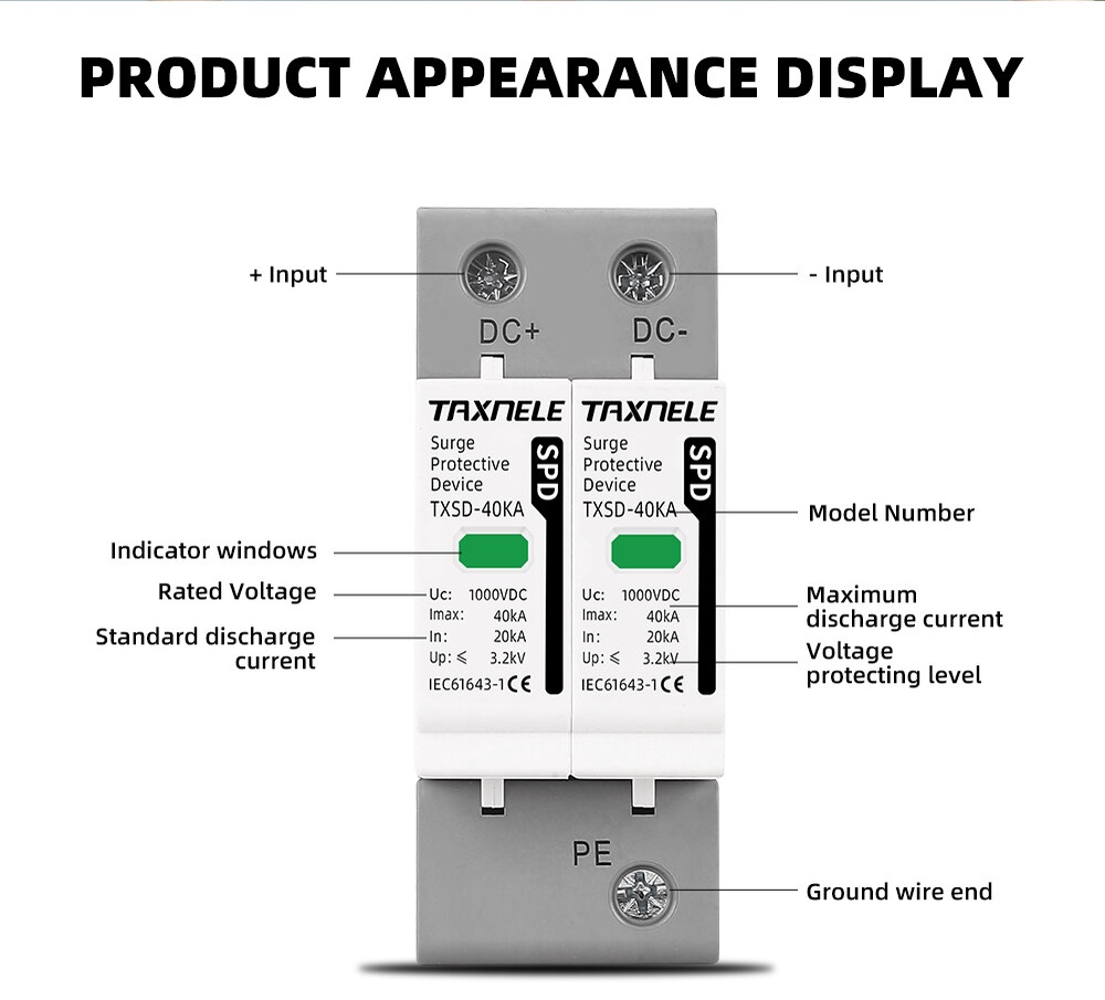DC SPD Surge Protector 600V 800V 1000V 2P 40KA 60KA Voltage Protector Solar PV Lightning ...