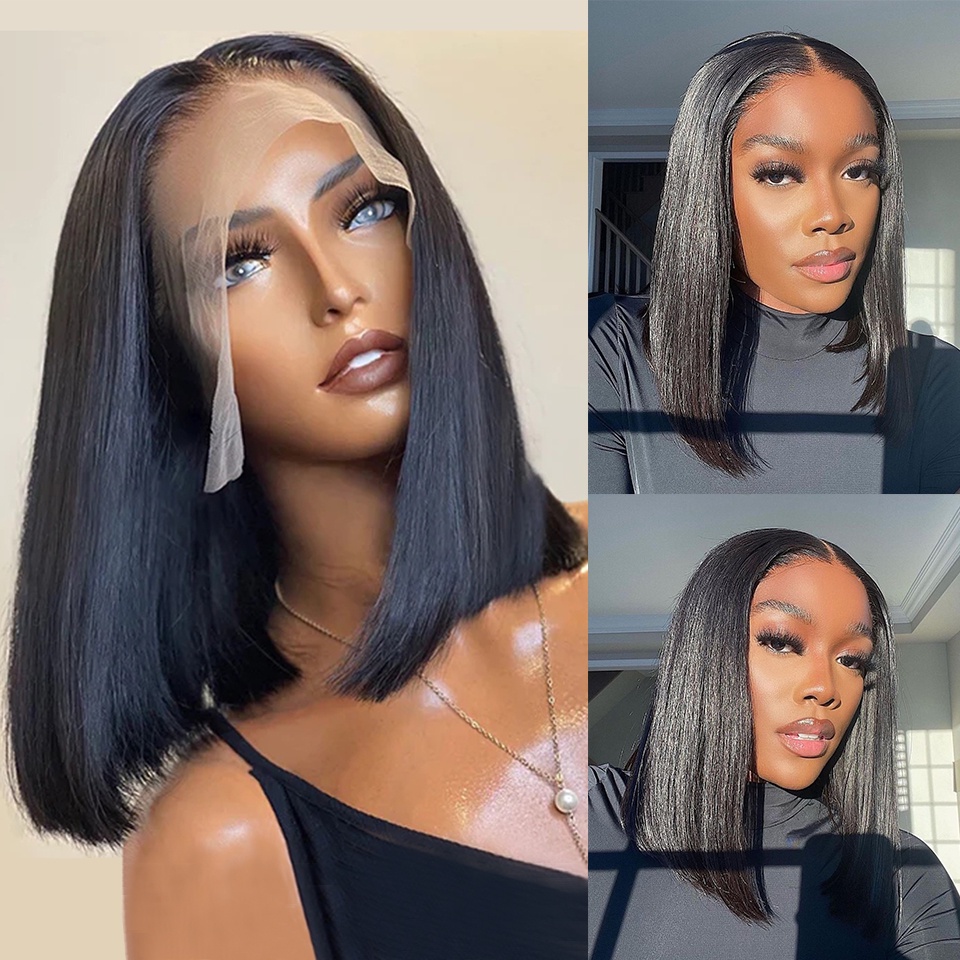 13*4 Glueless Bob Lace Wig Short Bob Wig Pre Plucked Bone Straight ...