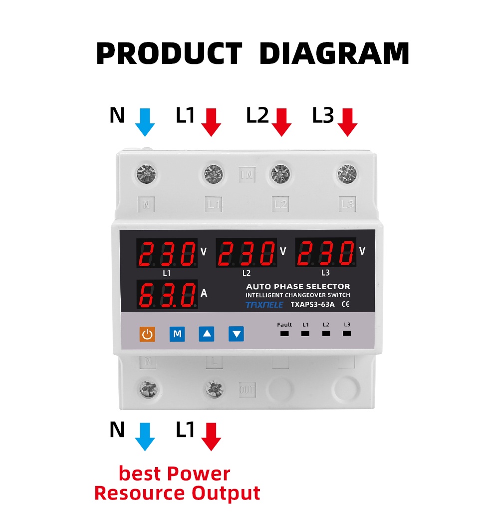 63A 3 phase 3P+N Din rail phase selector adjustable Over and Under ...