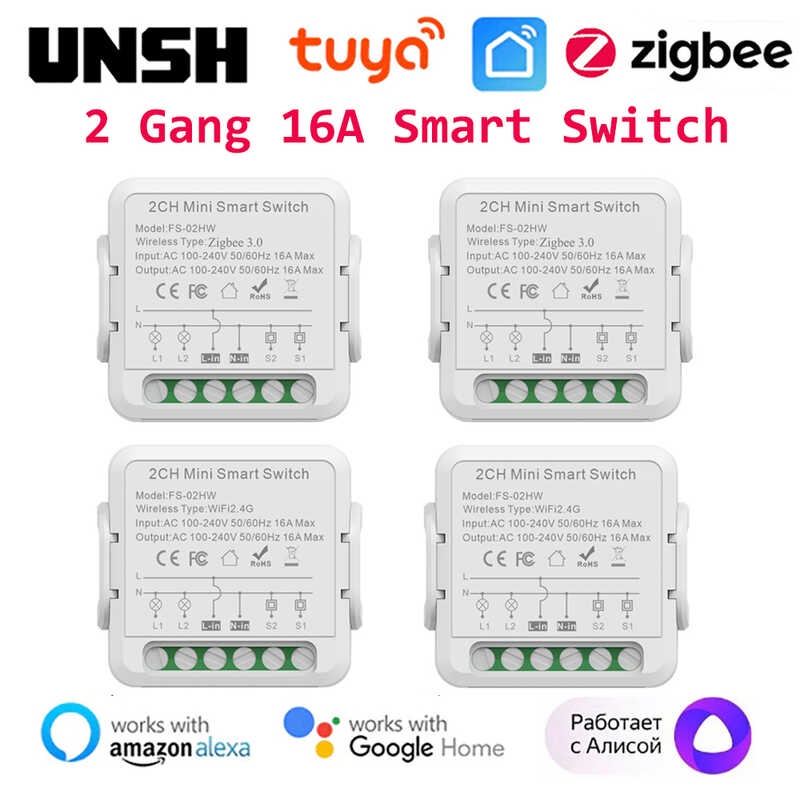 2 Gang 16A Tuya Smart Wifi Zigbee Light Switch 2Way Control Mini Smart ...