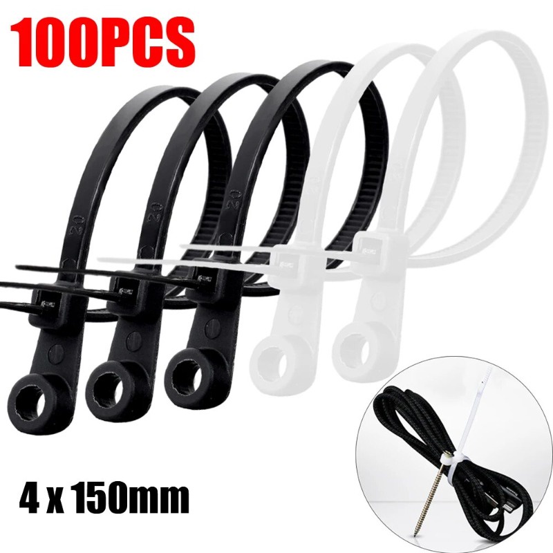 100pcs Self Locking Loop Wrap Bundle Tie Straps / Screw Hole Cable Ties Fixed Cable Tie ...