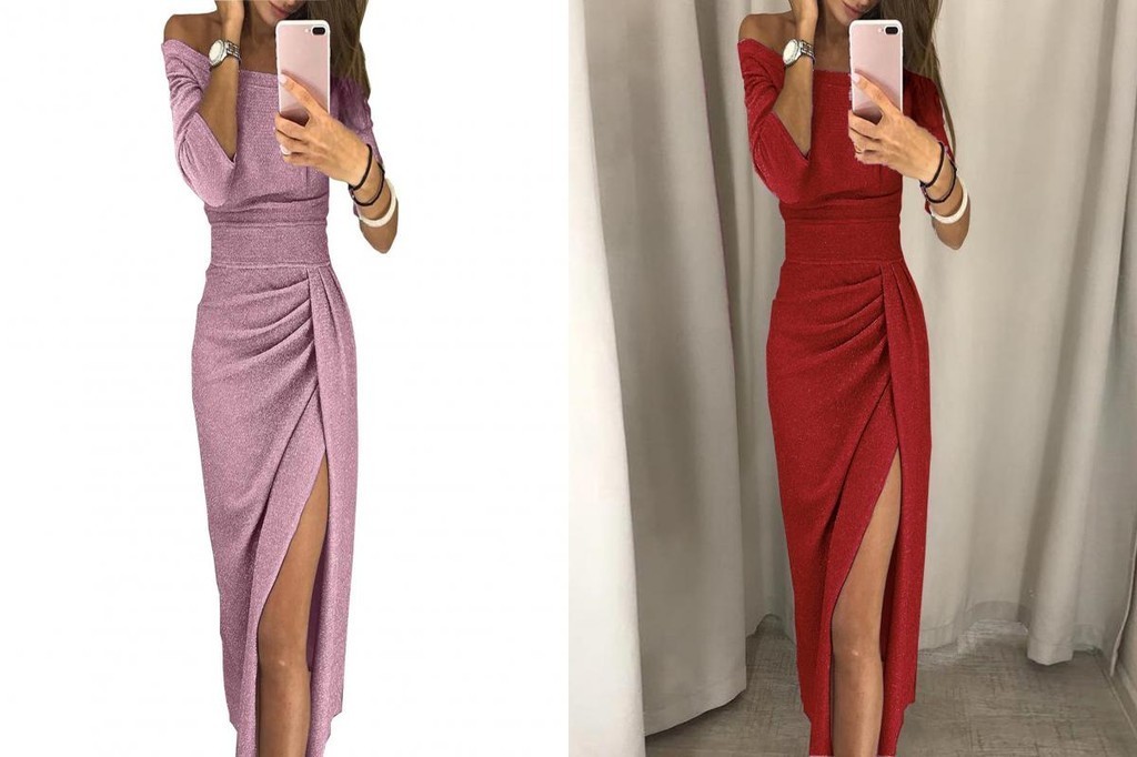 [JM] Women Formal Dress Shiny Bright Surface Off Shoulder Sexy Dress ...