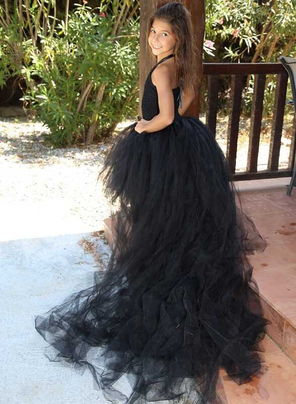 Girls Black Long Trailing Tutu Dress Kids Crochet Tulle Evening Dress ...