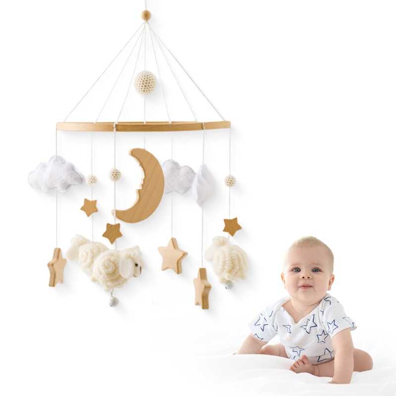 Wooden Baby Rattle Mobile 0-12 Month Soft Felt Cartoon Sheep Star Moon ...