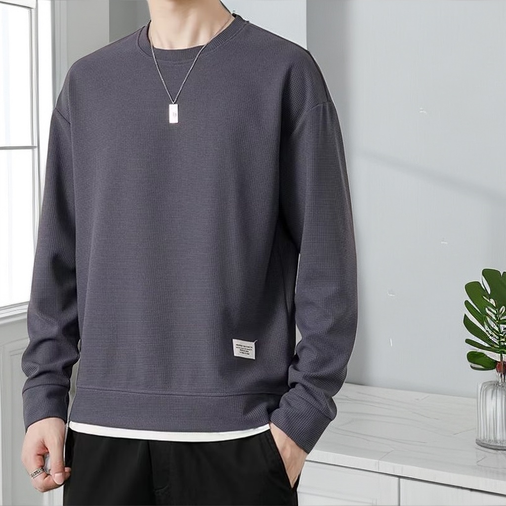 Waffle Sweatshirt Men Long Sleeve Waffle Sweater Men Oversized Round ...