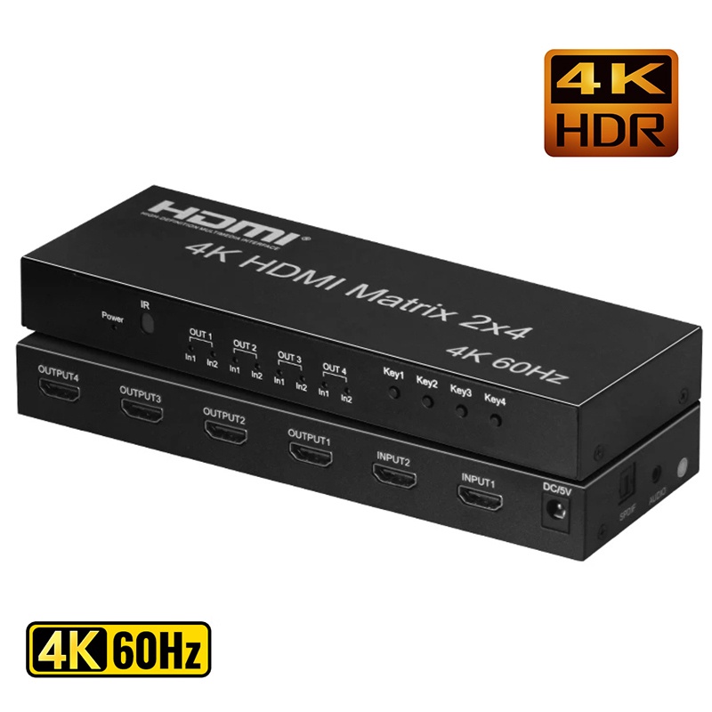 2x4 HDMI Matrix Switch 4x2 4K 60Hz Matrix HDMI2.0 Switch Splitter 2 in 4 out with Optical 3.5mm ...