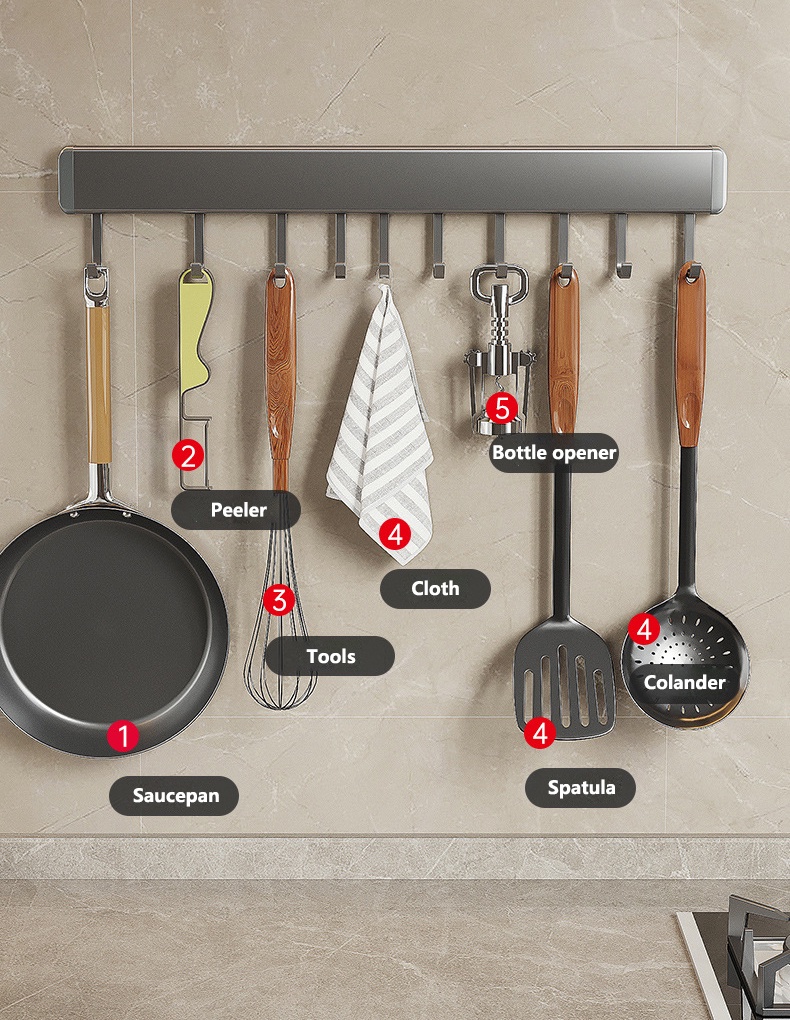 Wall Mounted Kitchen Hook Rack No-Punching Wall Hangers Rail Kitchen ...