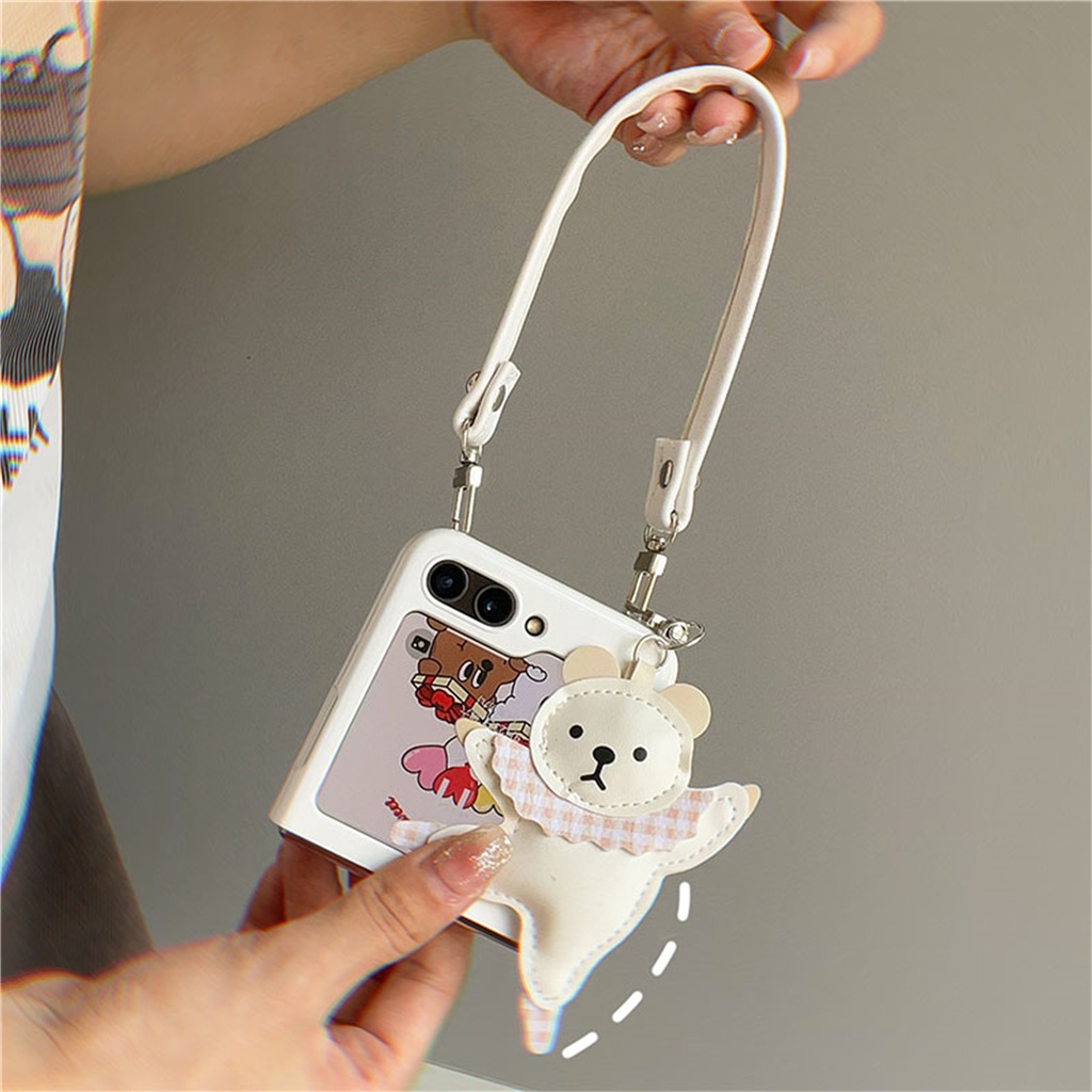Luxury Korean Kawaii Dance Bear Pendant White Case with Hand Strap for ...