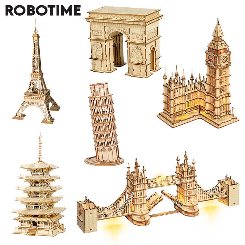 Robotime 3D Wooden Puzzle Game Big Ben Tower Bridge Pagoda Building Model Toys For Children ...