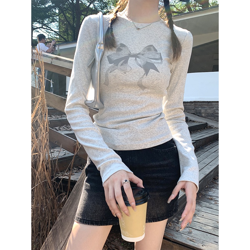 68972 Bow Printed Long Sleeve T-Shirt Top | Shopee Philippines