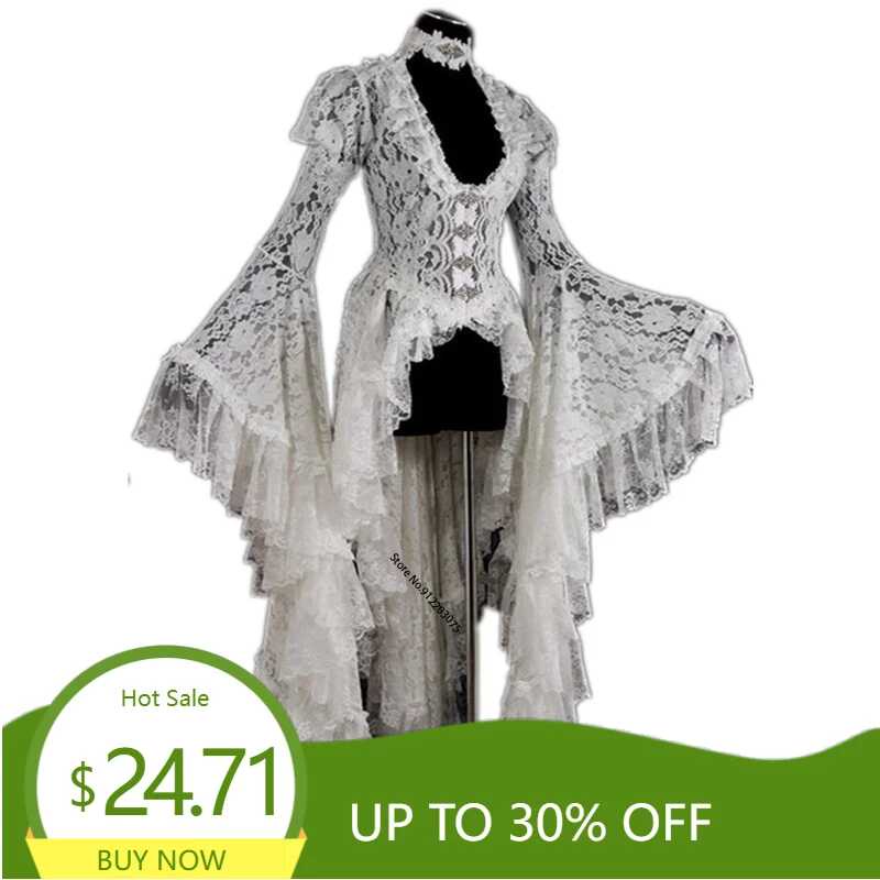 Sexy Women White Vintage Solid Lace Flare Sleeve Medieval Cardigan ...