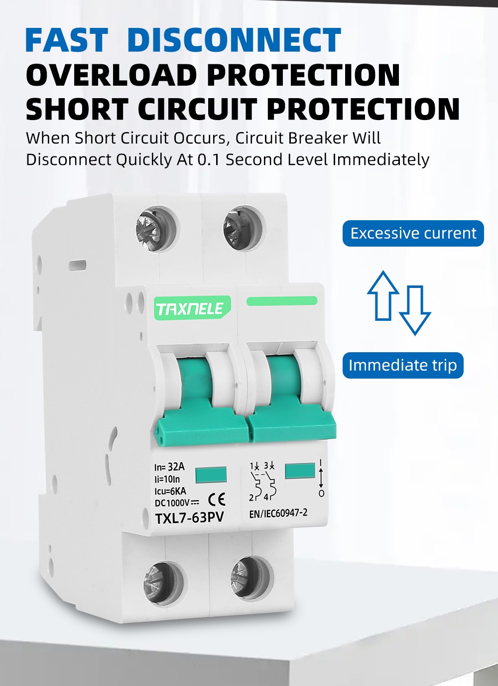 DC MCB Solar Mini Circuit Breaker L7 2P 1000VDC Short Circuit Protection 10A 16A 20A 25A 32A 63A ...