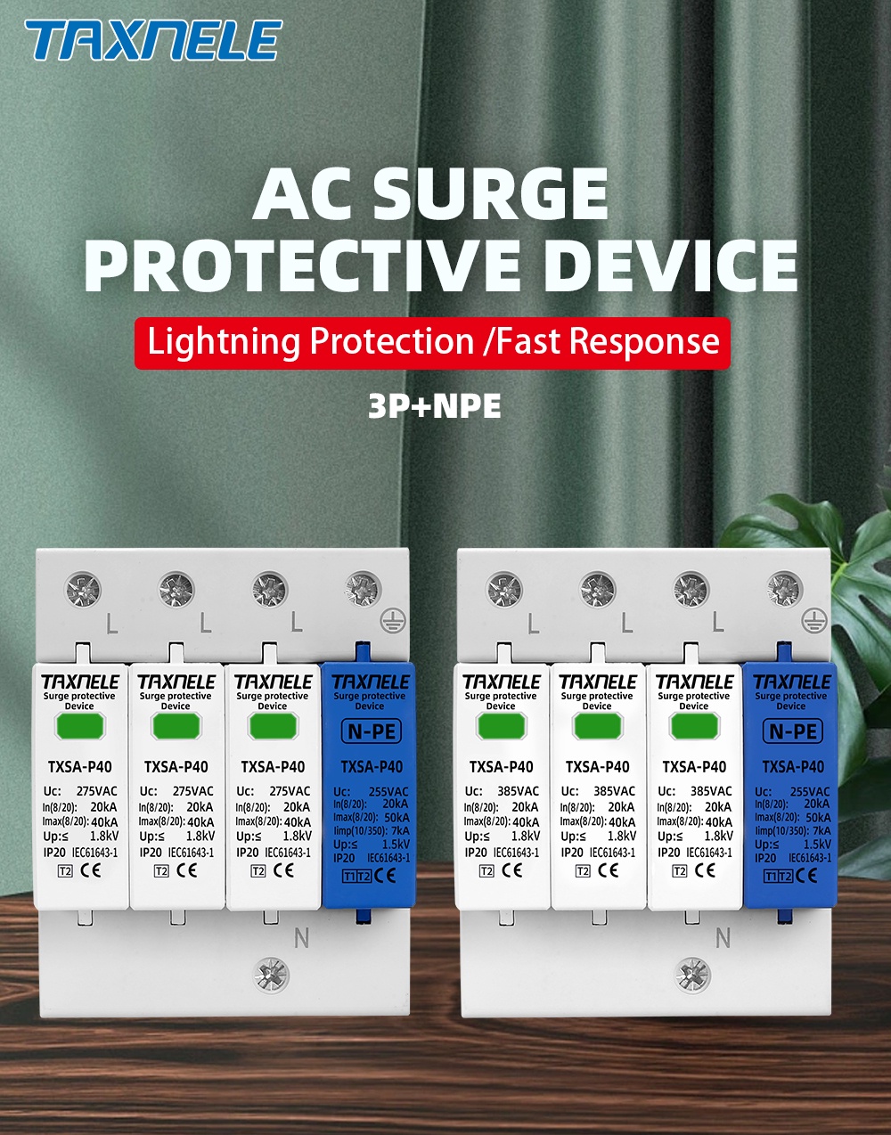 AC SPD Lightning Arrester 3P+NPE 40KA 50KA T1 T2 385V 275V 255V House Surge Protector Protective ...