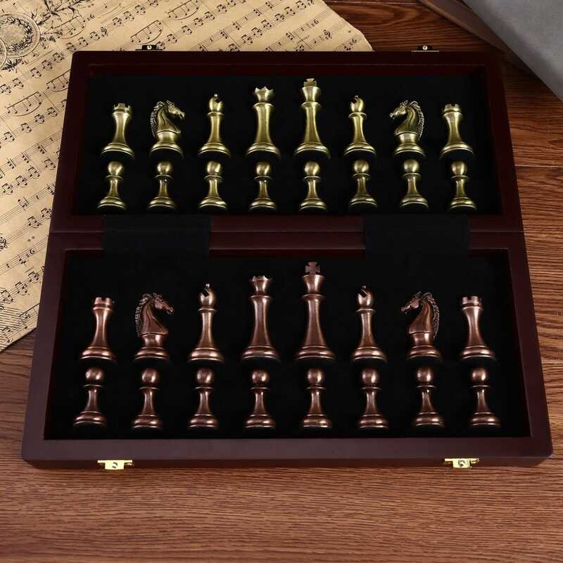 International Wooden Chess Set Folding Chess Board Classic Metal Pieces ...
