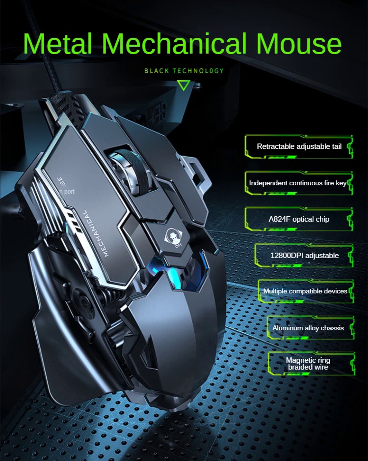 New Mechanical Wired Gaming Mouse 9 Key Macro Definition 12800 DPI ...