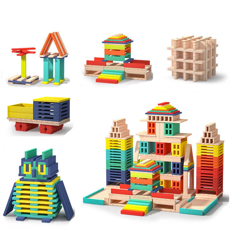 100Pcs Wooden Building Blocks Set Children DIY Colorful Dominoes Brick ...