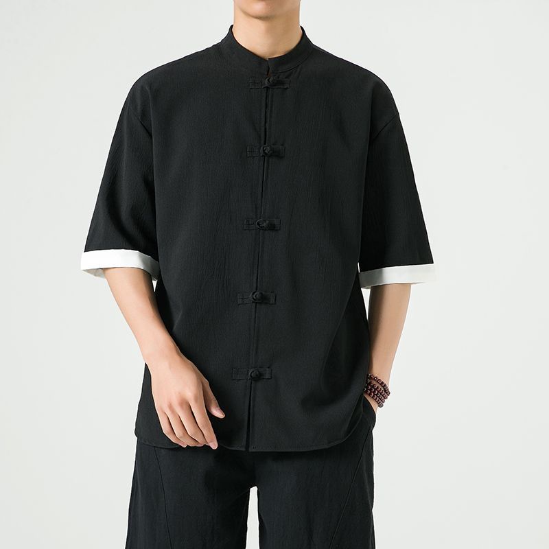 Chinese Style Tang Suit Button Linen Shirt Chinese Style Three-Quarter ...