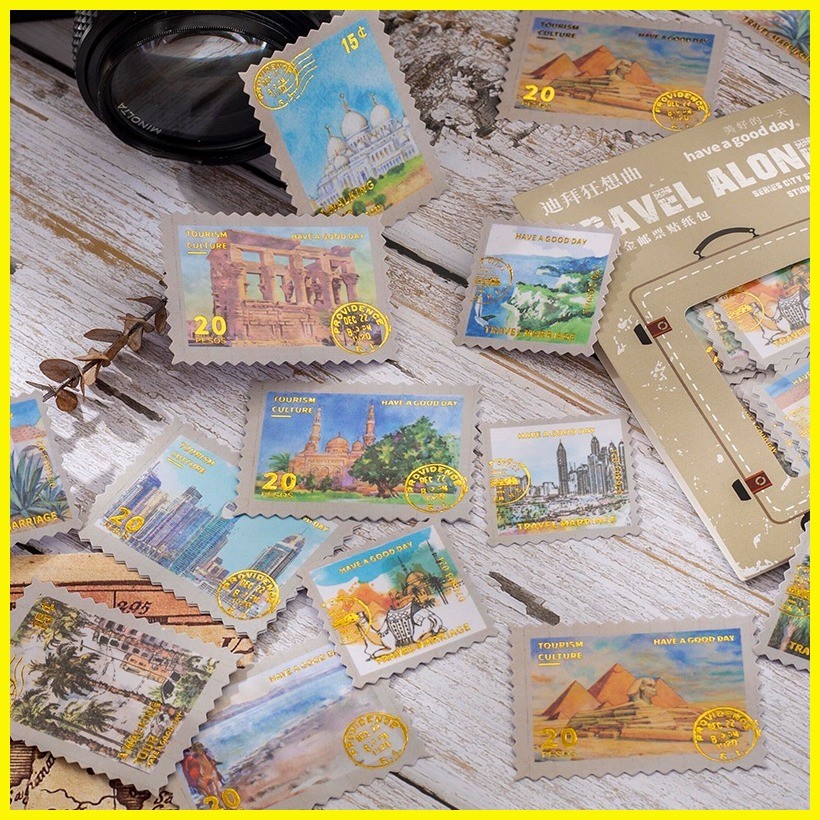 ☸ Travel Alone post card theme sticker DIY vintage with gold linings ...
