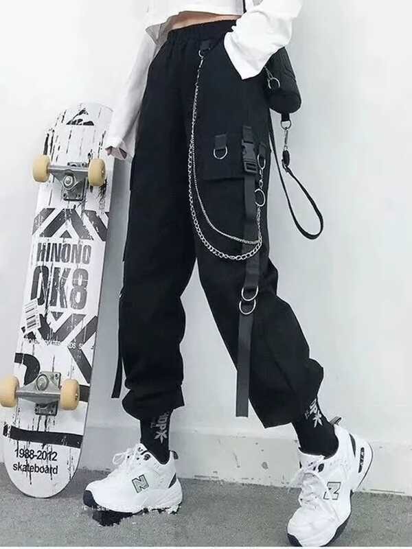 B9 ZOKI Gothic Women Cargo Black Joggers High Waisted Haruku Harem ...