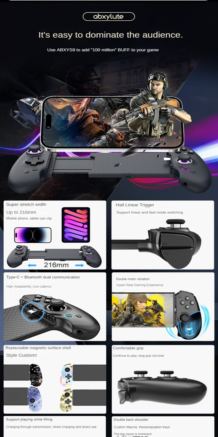 Abxylute S9 Stretch Game Controller Mobile Tablet Game Controller Android Apple Type-C Bluetooth ...