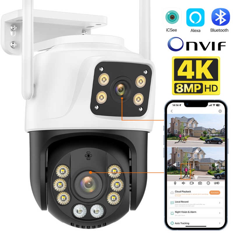 WIFI IP 4K 8MP Lens Security CCTV 4MP HD Dual Screen PTZ Camera Outdoor ...