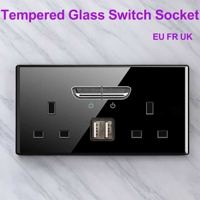 Tempered Glass Switch Socket UK EU FR Standard, Self-Reset 1 2 3 4 Gang ...