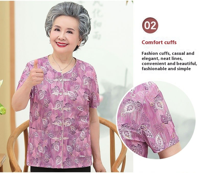 Grandma Summer Short-Sleeved Ice Silk Top 60-70 Years Old Elderly Shirt ...