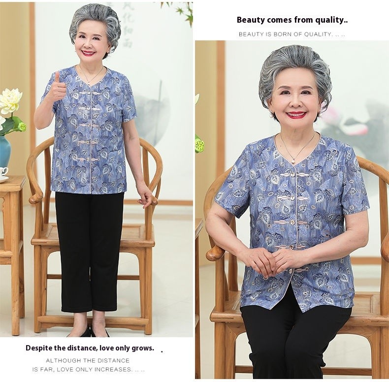 Grandma Summer Short-Sleeved Ice Silk Top 60-70 Years Old Elderly Shirt ...