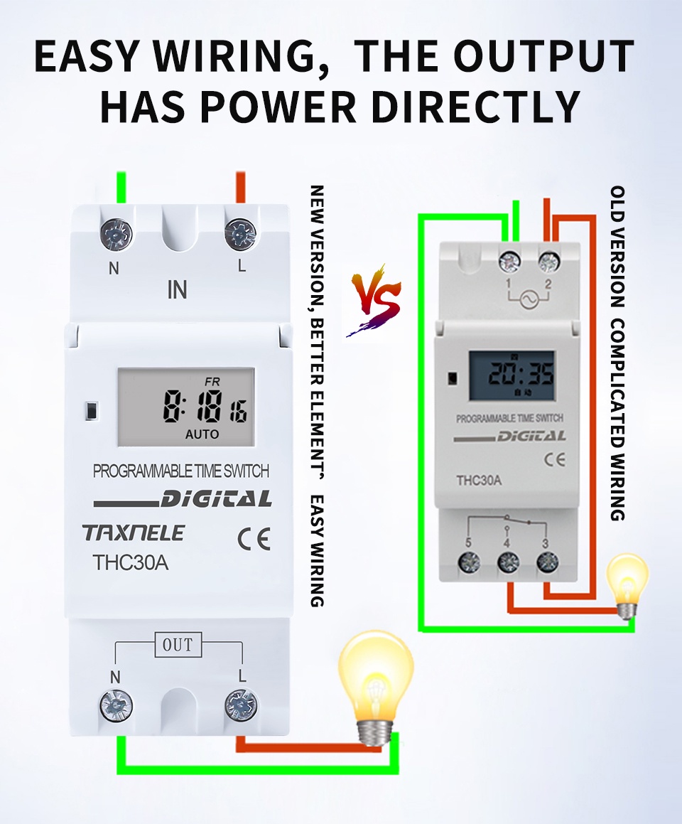 TAXNELE thc30a Din Rail Weekly 7 Days Programmable Digital TIME SWITCH Timer Control AC 220V 30A ...