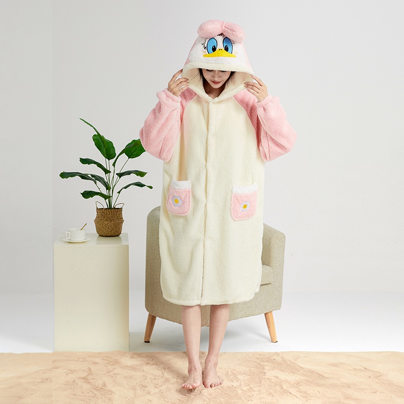 2024 Adults Cartoon Duck Bathrobe Women Flannel Long Sleeve Robe Set ...