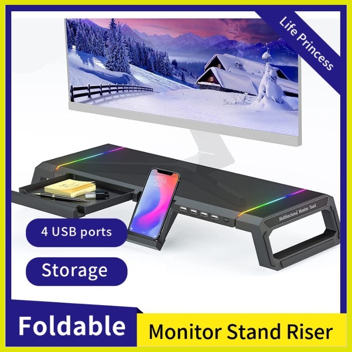 ☂ Monitor Stand for Desk RGB Gaming Lights with 4 USB ports, Foldable ...