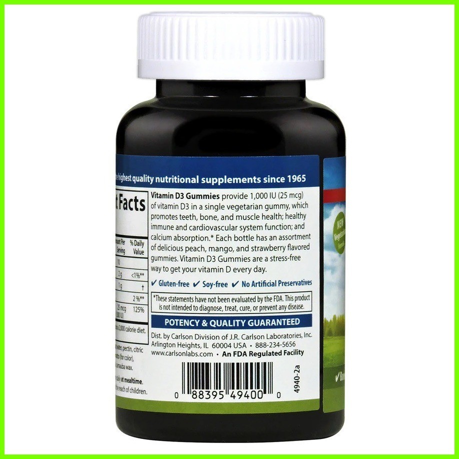 Carlson Vitamin D3 Gummy 1000 IU (25 mcg) 60 Vegetarian Gummies ...