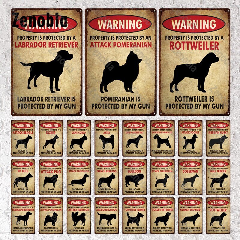 Dog Warning Sign Animals Metal Poster Property Is Protected By An ...