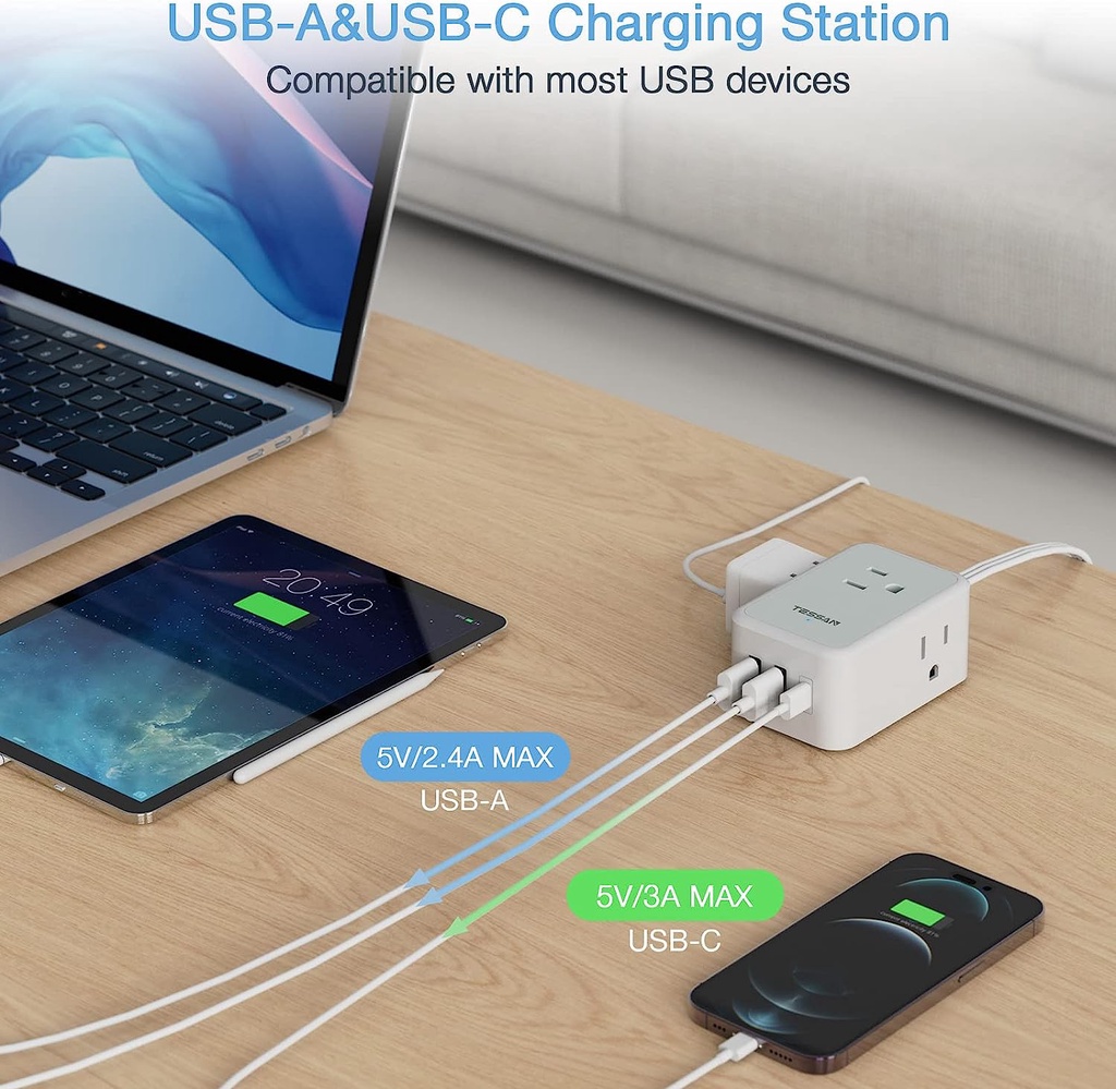 TESSAN Extension Wire with USB+Type C, Power Strip Portable Extension ...