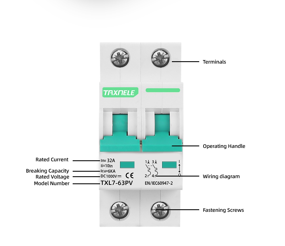 DC MCB Solar Mini Circuit Breaker L7 2P 1000VDC Short Circuit Protection 10A 16A 20A 25A 32A 63A ...