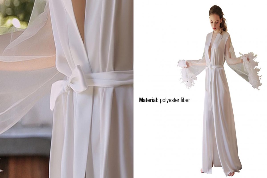 [SA] Long Bride Robe Soft V Neck Mesh Feather Cuffs Embroidery Night ...