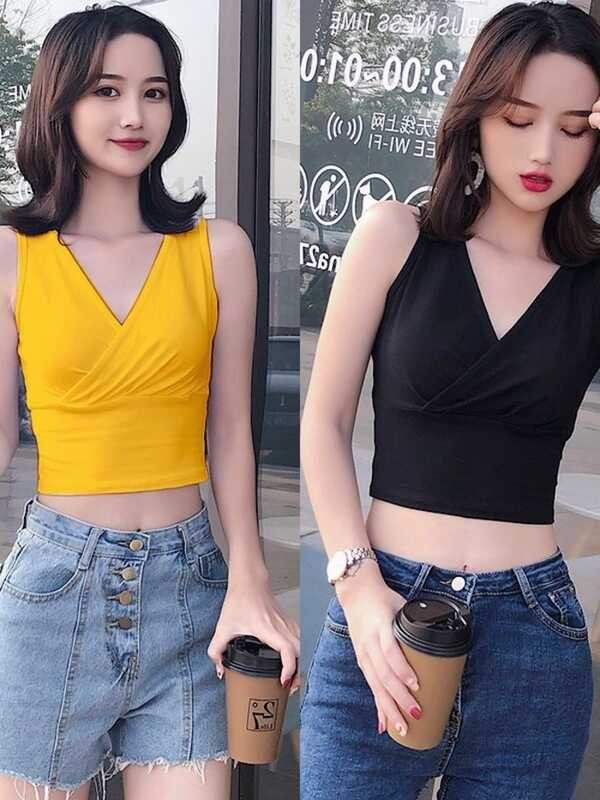 Women S V Neck Tight Short High Waisted Crop Top With Exposed Navel Top ...
