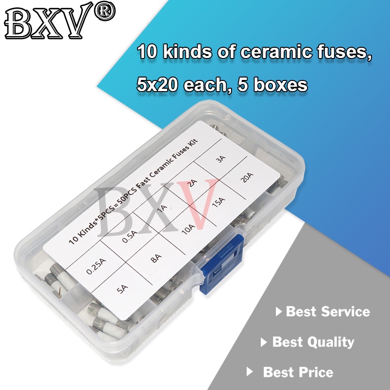 10Values Fast Ceramic Fuses Kit 250V 5*20mm 5mm X 20mm 0.25A 0.5A 1A 2A 3A 5A 8A 10A 15A 20 AMP ...
