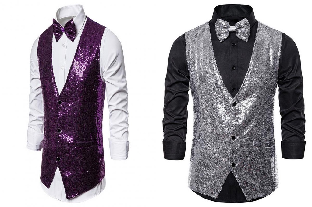 [deepsea] CZ Men Polyester Suit Vest Polyester Vest with Sequined Tie ...