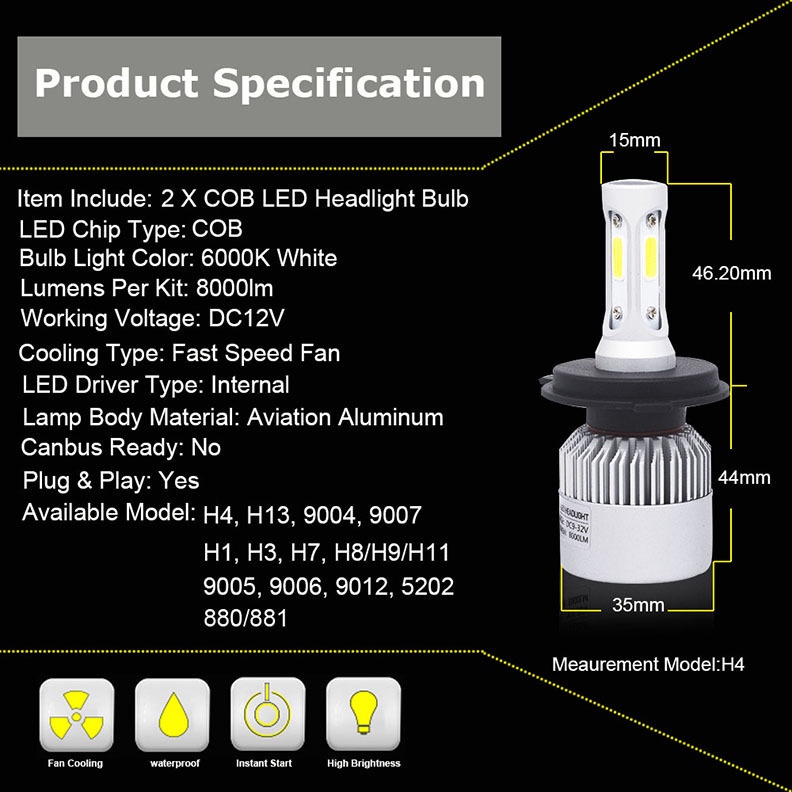 【2PCS】 For KIA Picanto 2004-2017 LED Car Headlight Hi/Lo Beam Bulbs 8000LM 72W COB 6000K White ...
