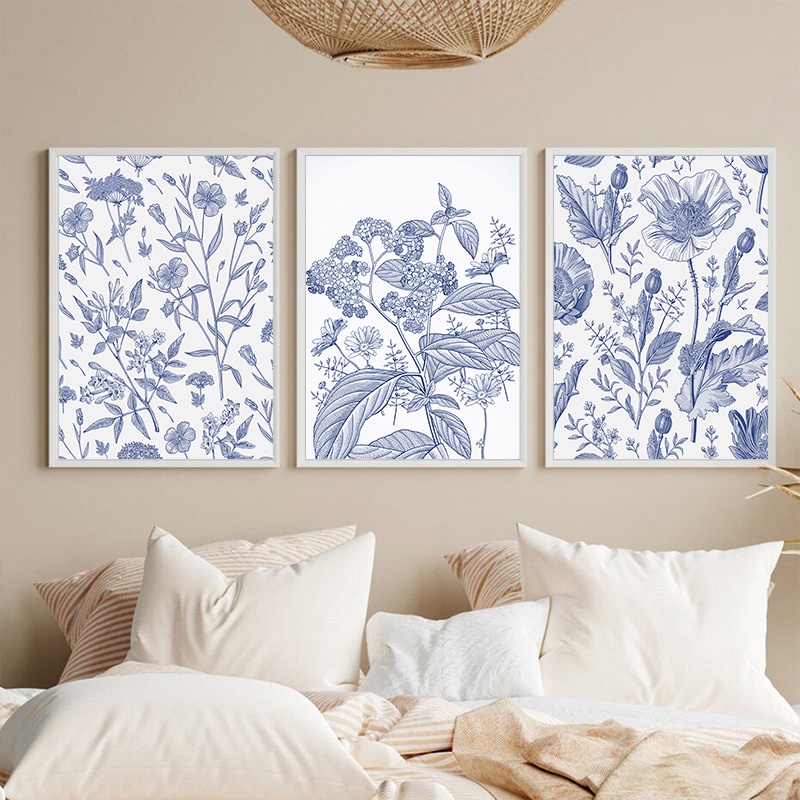 Classic Blue Art Prints Celadon Series Art Wall Art Boho Flower Market ...