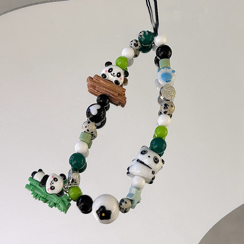 Cute Panda Bamboo Beaded Mobile Phone Lanyard Wrist Strap Handmade ...