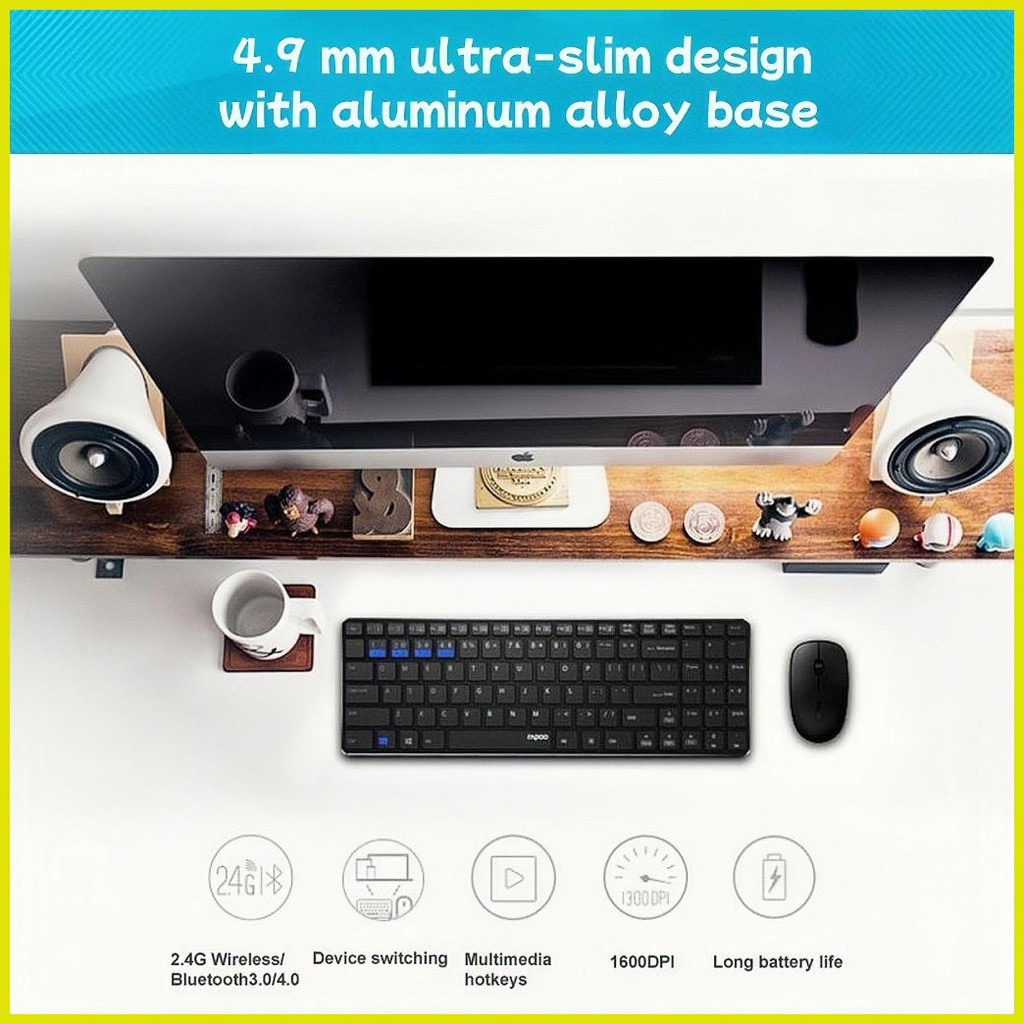 Rapoo 9300T/9300M Ultra-Slim Wireless Keyboard and Mouse Set Bluetooth ...