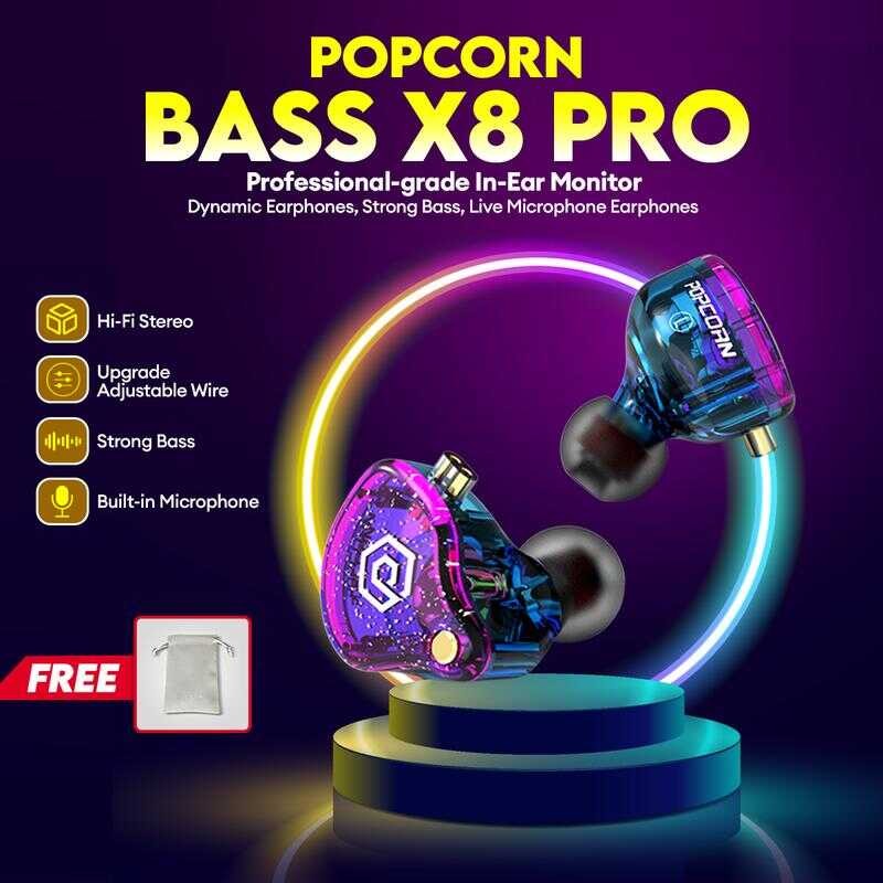 Popcorn BASS X8 PRO Dynamic Earphones HIFI Bass Earbuds In-Ear Monitor ...