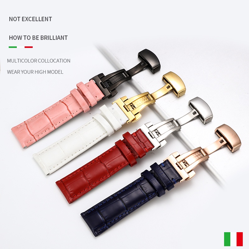 Genuine Leather Watch Band Strap Stainless Steel Butterfly Clasp 14mm ...