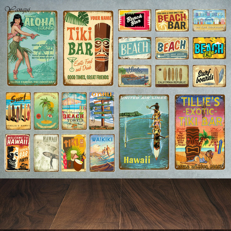 Aloha Beach Tin Signs Vintage Summer Metal Wall Plaque Hawaii Tiki Bar ...