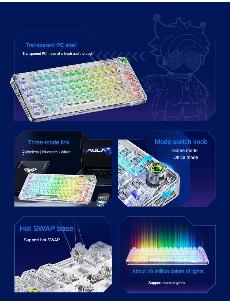 AULA F81 Customized Bluetooth Wireless Wired RGB Game Mechanical Game ...