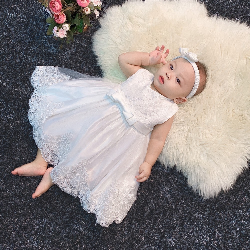 White Christening Dress for Baby Girl 1 Year Old Infant Baby Lace Dress Big Bow White Baptism ...