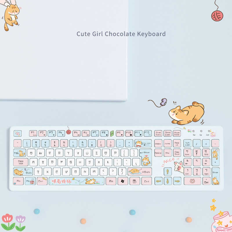 104 Keys Kawaii Cartoon Cat Wireless Keyboard Cute Silent Wired Gaming ...