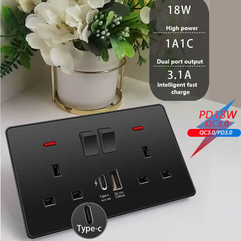 ♥ Universal 18W Fast Type C 220V Power Outlet Plug, UK Black 13A Switch ...